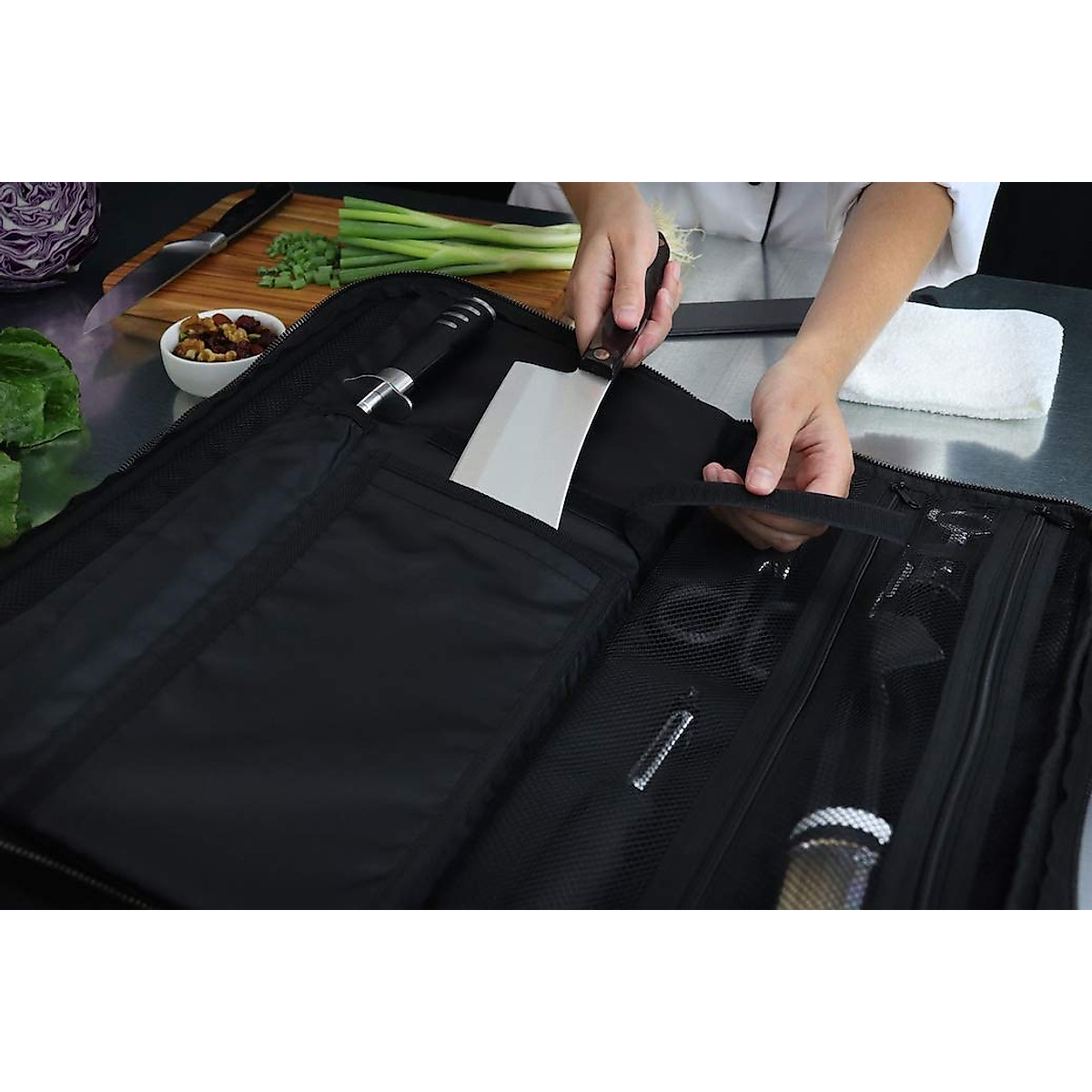 Waxed Canvas Chef Knife Bag Holds 19 Knives PLUS Knife Steel Meat Cleaver and Large Storage Compartments! Our Most Durable Professional Line Knife Carrier Includes Custom Padlock! (Bag Only) (Khaki)