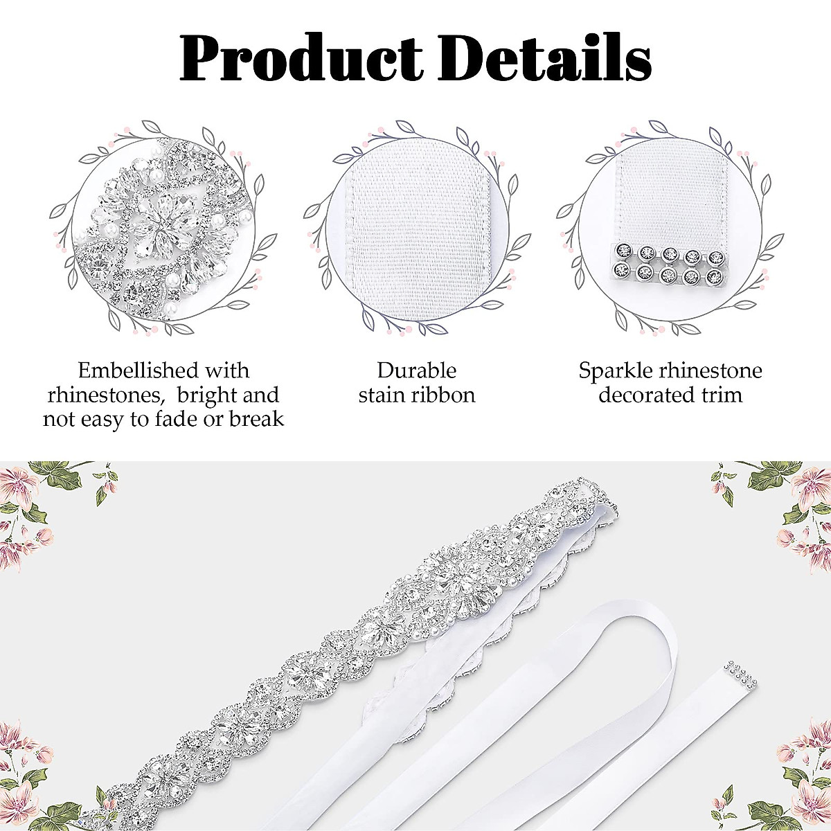 Sintege 3 Pcs Rhinestone Wedding Dress Belts Crystal Bridal Sash Belts Diamond Ribbon Belts for Women Bridal Bridesmaid