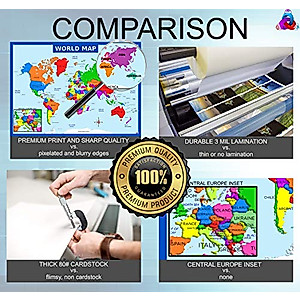 3D Learning LLF World Map Poster with Central Europe Inset - Laminated Educational Poster (14x19.5 in) - World Map for Kids, Elementary Classroom Decorations, Homeschool, and Teacher Supplies