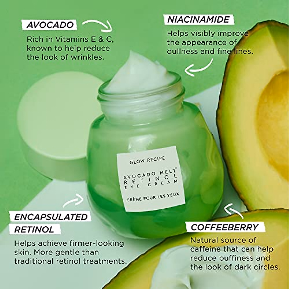 Glow Recipe Avocado Retinol Eye Cream for Wrinkles - Overnight Under Eye Cream for Dark Circles, Firming & Brightening Dull, Puffy Eyes - Time Release Niacinamide & Caffeine Eye Cream (15ml)
