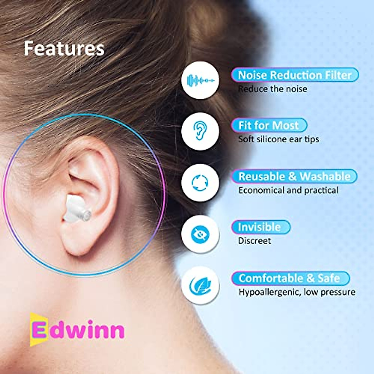 Edwinn Ear Plugs for Noise Reduction, 3 Pairs Invisible Noise Cancelling Ear Plugs, High Fidelity Hearing Protection for Concerts, Raves, Motorcycles, Work