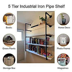 MUZIK 5 Tier Industrial Wall Mount Iron Pipe Shelf, 3/4 Inches Malleable Cast Iron Pipe Wall Mount Bookshelf Shelving Unit, DIY Open Bookshelf, Shelf Shelves, 2 Pack 52 Inch Tall