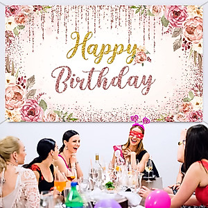 Rose Gold Happy Birthday Backdrop for Girls Women Happy Birthday Party Photography Background Decoration Photoshoot Banner (6.1 x 3.6ft)