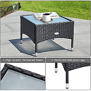 HAPPYGRILL 3 Pieces Patio Furniture Set Outdoor Conversation Set Rattan Wicker Bistro Set with Glass Coffee Table & Soft Cushions for Balcony Garden Poolside