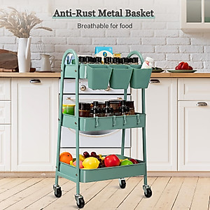 danpinera 3-Tier Rolling Cart, Metal Rolling Storage Cart with Lockable Wheels & Hanging Cups & Hooks, Mobile Trolley Cart for Kitchen, Bathroom, Office, Workshop, Green