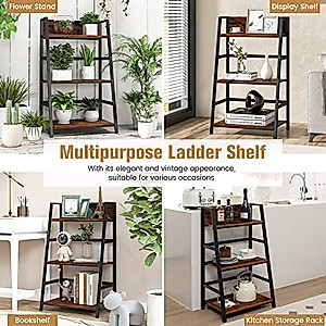 Tangkula 3-Tier Ladder Bookshelf, Industrial Wooden Bookcase w/Metal Frame, Anti-Toppling Device, Freestanding Display Shelf Plant Stand, Storage Rack for Home Office Living Room Kitchen (2, 3-Tier)