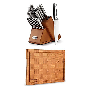MC69 20 Pieces German Knives Block Set with Built-in Sharpener + MCW12 Bamboo Cutting Board(Large, 17"x12"x1")