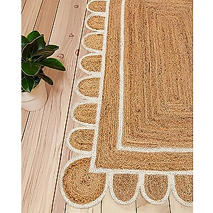 Scalloped Jute Rug 5x7- Natural Boho Bath Mat 2x3- Jute Runner Rug for Kitchen 2.6x6 ft- Seagrass Jute Rug 8x10 for Living Room Area- 3x5 Farmhouse Rugs Indoor/Outdoor (2'x3' Ft, White)