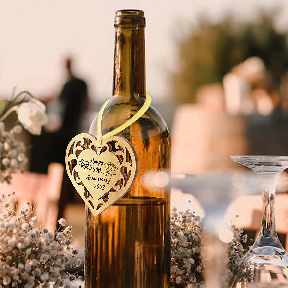 Happy 50th Anniversary 2023 Engraved Heart Wooden Quote Hanging Ornament Party Decorations Supplies Gifts for Husband Wife Boyfriend or Girlfriend Anniversary Valentines Day Romantic Gifts for Her Him