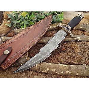 15 Inches long Damascus Steel Hunting Knife, 10" long custom made Hand Forged Damascus steel zig zag blade, Bull horn with engraved brass scale and finger guard, Cow hide Leather Sheath with belt loop