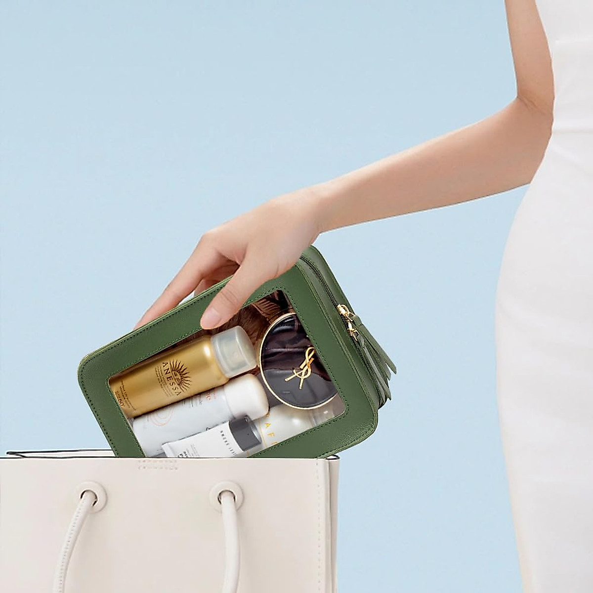 FFpaw Clear Makeup Bag Organizer, TSA Approved Portable Travel Toiletry Bag Clear Cosmetic Bag Case Small Make Up Bag Mini Makeup Pouch for Purse Transparent Car Essentials for Women Men (Green)