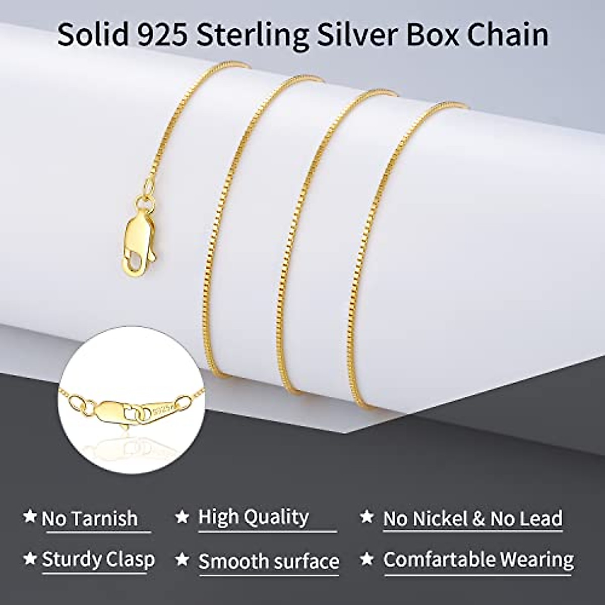 Jewlpire 18K Over Gold Chain Necklace for Women Girls - 0.8mm Box Chain 925 Sterling Silver Chain Super Thin & Sturdy Women's Chain Necklaces 18 Inch
