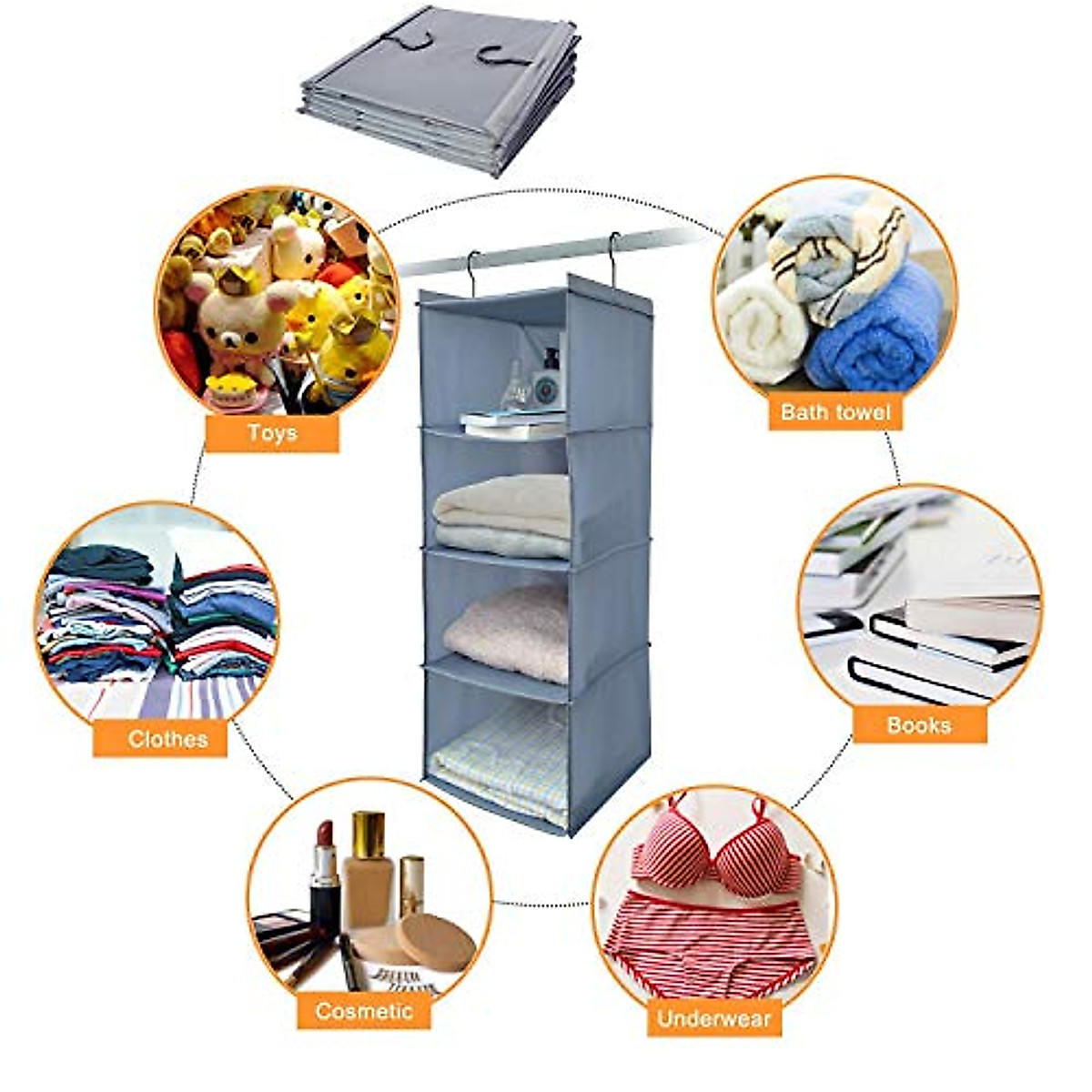 BrilliantJo 2PCS Hanging Closet Organizer, 4 Shelves Hanging Wardrobe Storage Shelves with Hook for Clothes Storage, Washable Oxford Cloth Fabric, 31"x12"x12"(Blue-Gray)