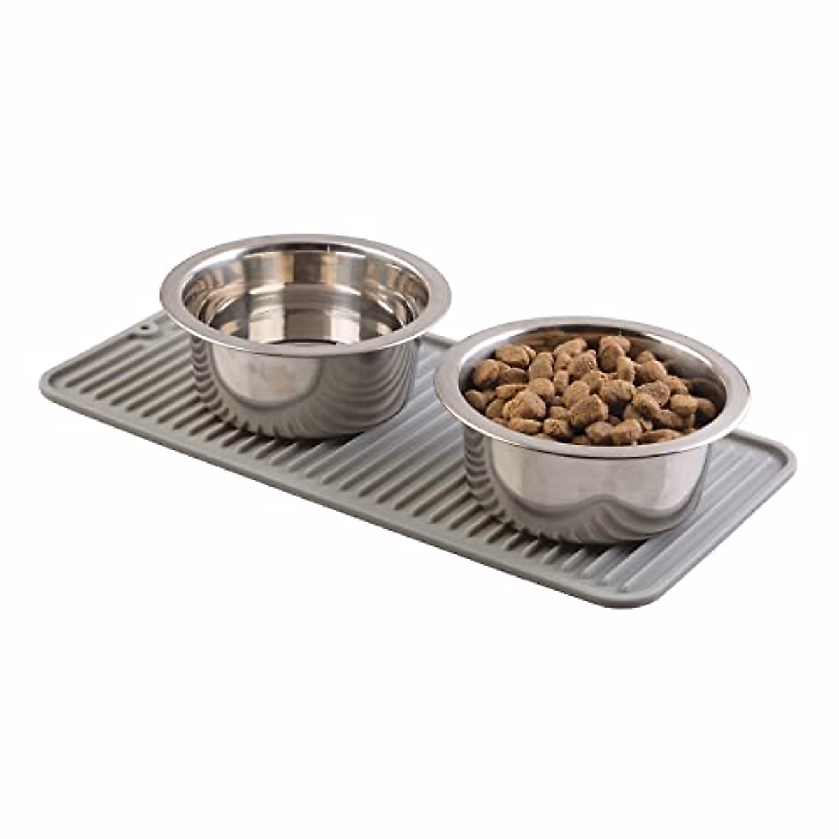 mDesign Premium Quality Square Pet Food and Water Bowl Feeding Mat for Dogs and Cats, Waterproof Non-Slip Durable Silicone Placemat - Food Safe - Small, Linelle Collection - Gray
