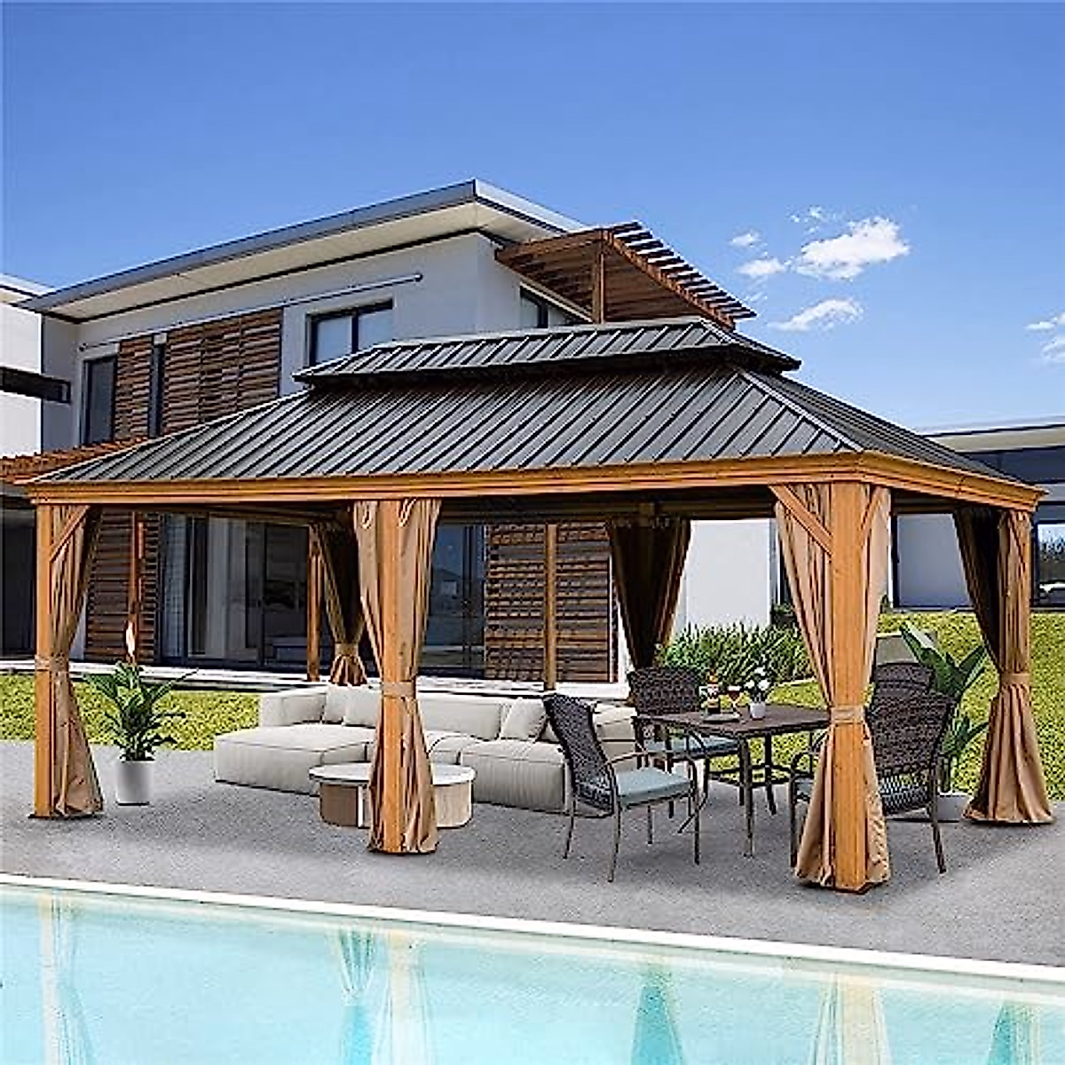 Jaxenor Wood-Looking Hardtop Gazebo - 12'x18' Outdoor Pavilion with Curtains and Netting - Coated Aluminum Frame, Galvanized Steel Double Roof - Ideal for Patio, Deck, and Lawn