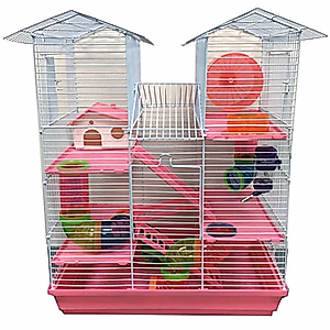 Large 5 Floor Twin Towner Habitat Syrian Hamster Rodent Gerbils Mouse Mice Rat Cage (Pink)