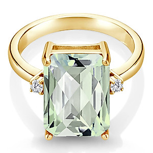 Gem Stone King 18K Yellow Gold Plated Silver Green Prasiolite and White Diamond Ring For Women (6.67 Cttw, Emerald Cut Checkerboard 14x10MM, Gemstone Birthstone, Available In Size 5, 6, 7, 8, 9)
