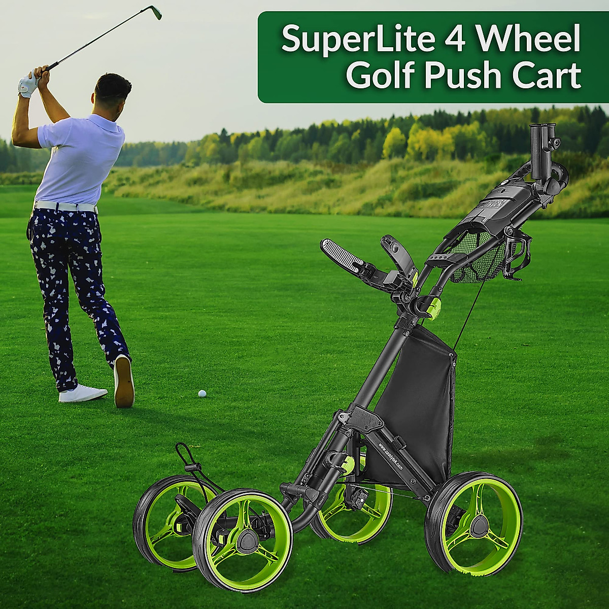 caddytek 4 Wheel Golf Push Cart - Compact, Lightweight, Close Folding Push Pull Caddy Cart Trolley - Explorer V8, Lime