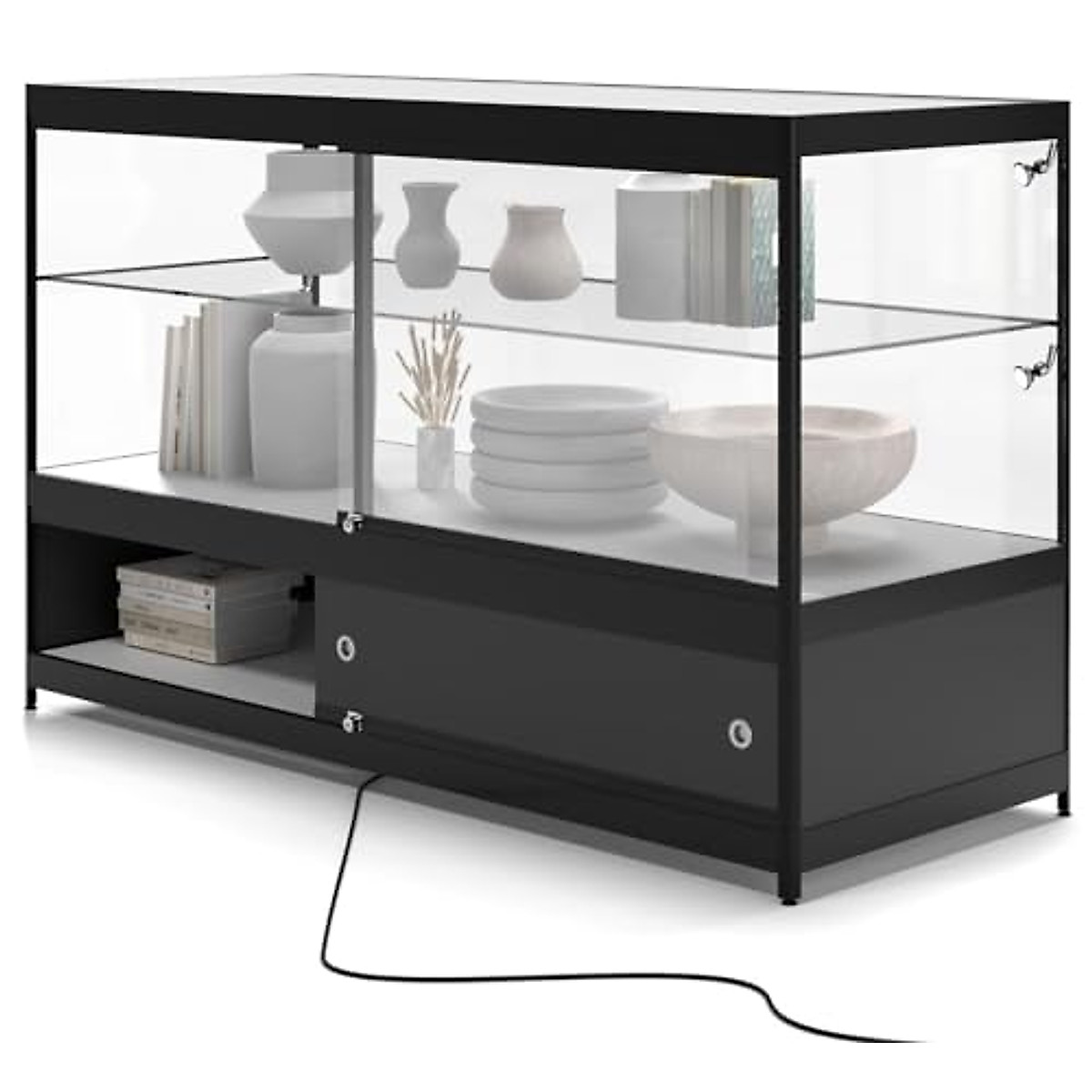 Displays2go 60 Inch Glass Showcase, Hidden Storage, LED Lights, Lockable Sliding Door - Black (IAPHV60LED)