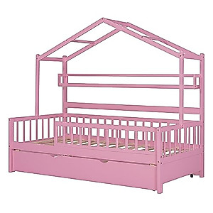 BIADNBZ Twin Size House Bed with Trundle and Storage Shelves, Wooden Kids Montessori Bed Playhouse w/Roof & Fence Rails, Tent Platform Bedframe for Girls Boys Teens,Pink