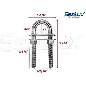 SeaLux Marine 3/8" Stock Fixed Welding Plate Bow Eye Stern Eye U-Bolt 4-1/2" Length with 3" Stud Length