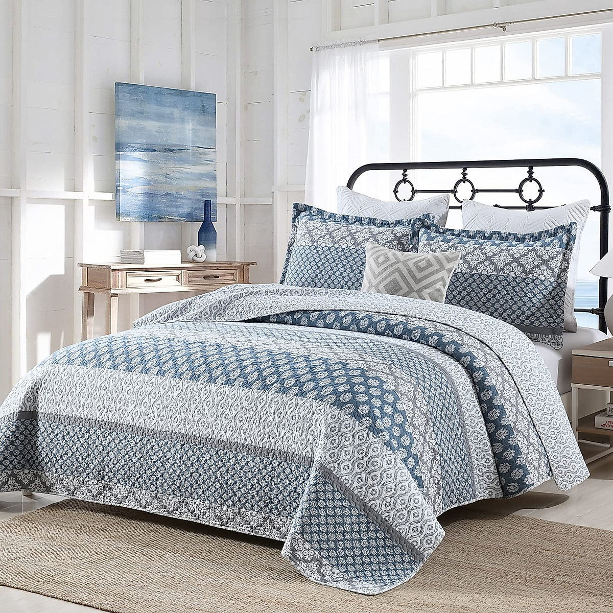 PERHOM Blue Quilt Queen Size - Queen Quilt Set, 100% Long-Staple Cotton Floral Quilt Bedding Set Bedspreads, Patchwork Reversible Lightweight Comforter Bed Spread for All Season, Blue/Gray, 3 Pieces