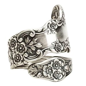 Vintage Silver Color Carving Lotus Flower Spoon Rings for Women Creativity Wedding Engagement Party Jewelry Gift, 10