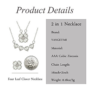 VANGETIMI 2 in 1 Four Leaf Clover Charm Lucky Necklace Heart Crystal Pendant Necklace Silver Link Mother's Day Gifts Jewelry for Women