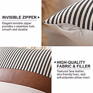 Mecatny Faux Leather Throw Pillows for Couch - Farmhouse Decorative Pillows with Inserts Included - Boho Striped Accent Pillows for Living Room - 18" x 18" - Black (Set of 2)
