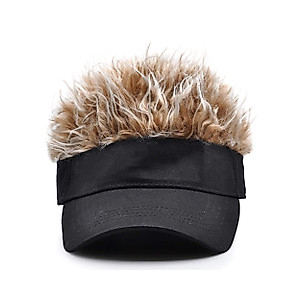 Novelty Visor Cap Adjustable Visor Hat with Spiked Wigs Fake Hair Visor for Adults (Canvas and Polyester, Black and Brown)