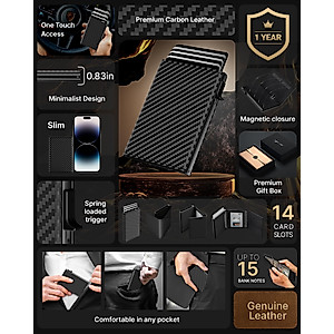 typecase Mens Wallet Card Holder: Pop Up Aluminum Case, Genuine Leather, Smart, RFID Blocking, Slim, Minimalist, Front Pocket - 9-14 Card Capacity | ID Window | Cash Slot (Carbon Fiber)