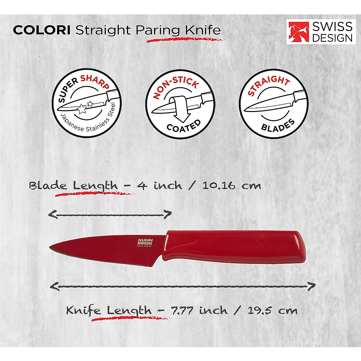 KUHN RIKON COLORI Non-Stick Straight Paring Knife with Safety Sheath, 4 inch/10.16 cm Blade, Red