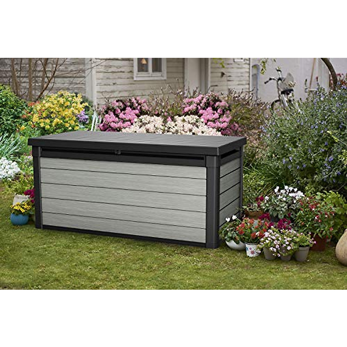 Keter Denali 150 Gallon Resin Large Deck Box-Organization and Storage for Patio Furniture, Outdoor Cushions, Garden Tools , Pool Toys, Grey & Black