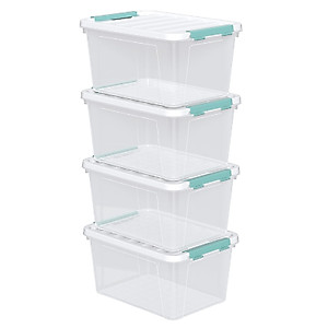 Vababa 20 L Plastic Latch Storage Box with Lid, 4-Pack Clear Small Storage Bin