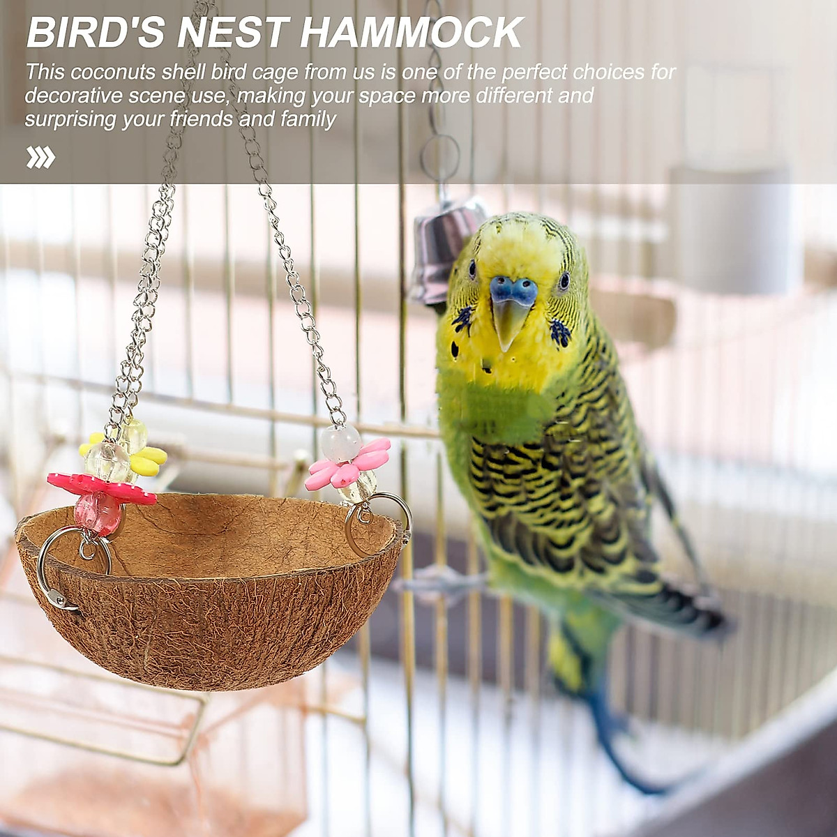 POPETPOP Natural Coconut Shell Bird Nest - Bird Hanging Rocking Nest Parrot Nest Box Coconut Bird Cage Cabin Outdoor Toys for Budgie Cockatiel Lovebird