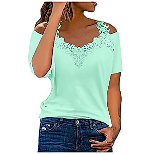 SMIDOW Lace Trim Cold Shoulder t Shirt for Women 2023 Summer Causal Solid Tops Sexy Elegant Blouses