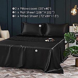 Koreyoshi 4 Pcs Satin Sheets - Luxury Silk Silky Super Soft Extra deep Pocket King Sheet Sets - Wrinkle & Fade Free - Fitted Sheet, Flat Sheet, Pillow Cases (Black, California King)