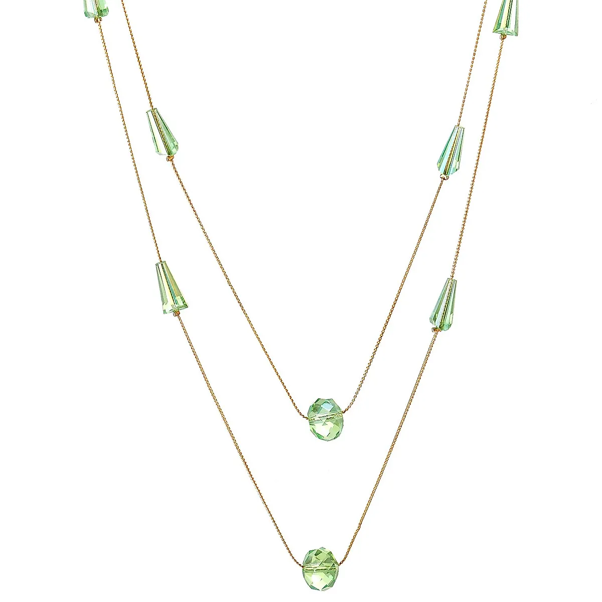 COOLSTEELANDBEYOND Gold Statement Necklace Two-Strand Long Chains with light Green Cone Crystal Beads Charms Pendant