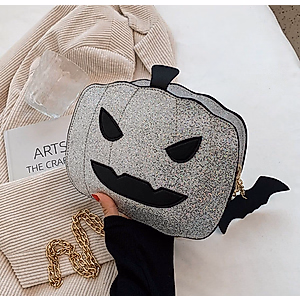 QZUnique Pumpkin Shoulder Bag, Halloween Crossbody Bags with Silver Sequin, Fashion Casual Bags with Bat Pendant for Women, Stylish Lightweight Purse