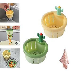 Cactus Kitchen Sink Drain Strainer - Press Automatic Dumping Basket,Multi-Functional Cactus Sink Draining Basket,for Kitchen Sinks, Bathtubs, and Showers (2pcs /green+yellow)