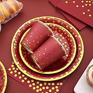 Gudvilla Burgundy and Gold Party Decorations, 200Pcs Burgundy Plates and Napkins Party Supplies, Serve 50, Maroon and Gold Graduation Decorations for Birthday Valentines Graduation Plates
