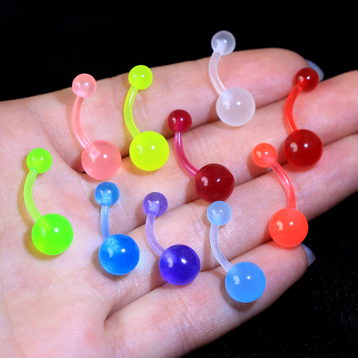 CM Crareesi Mania 10Pieces Belly Button Rings Glow in The Dark Belly Rings 14G Acrylic Flexible Banana Barbells Colorful Navel Piercing Jewellery Navel Bars