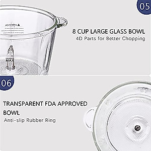 Electric Food Chopper, 8-Cup Food Processor by Homeleader, 2L Glass Bowl Grinder for Meat, Vegetables, Fruits and Nuts, Stainless Steel Motor Unit and 4 Sharp Blades, 300W