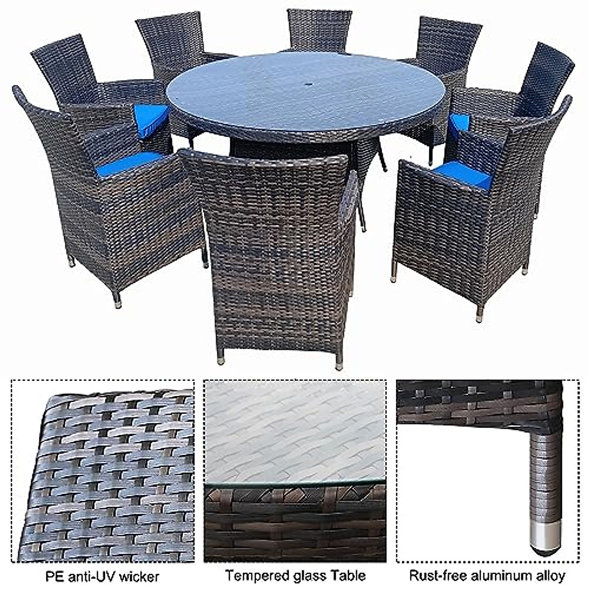PATIOPTION 9 Piece Patio Set Outdoor Wicker Patio Furniture Sets Modern Bistro Set PE Rattan Chair Conversation Dining Sets (Round Table with 8 Seater) - Blue Cushion