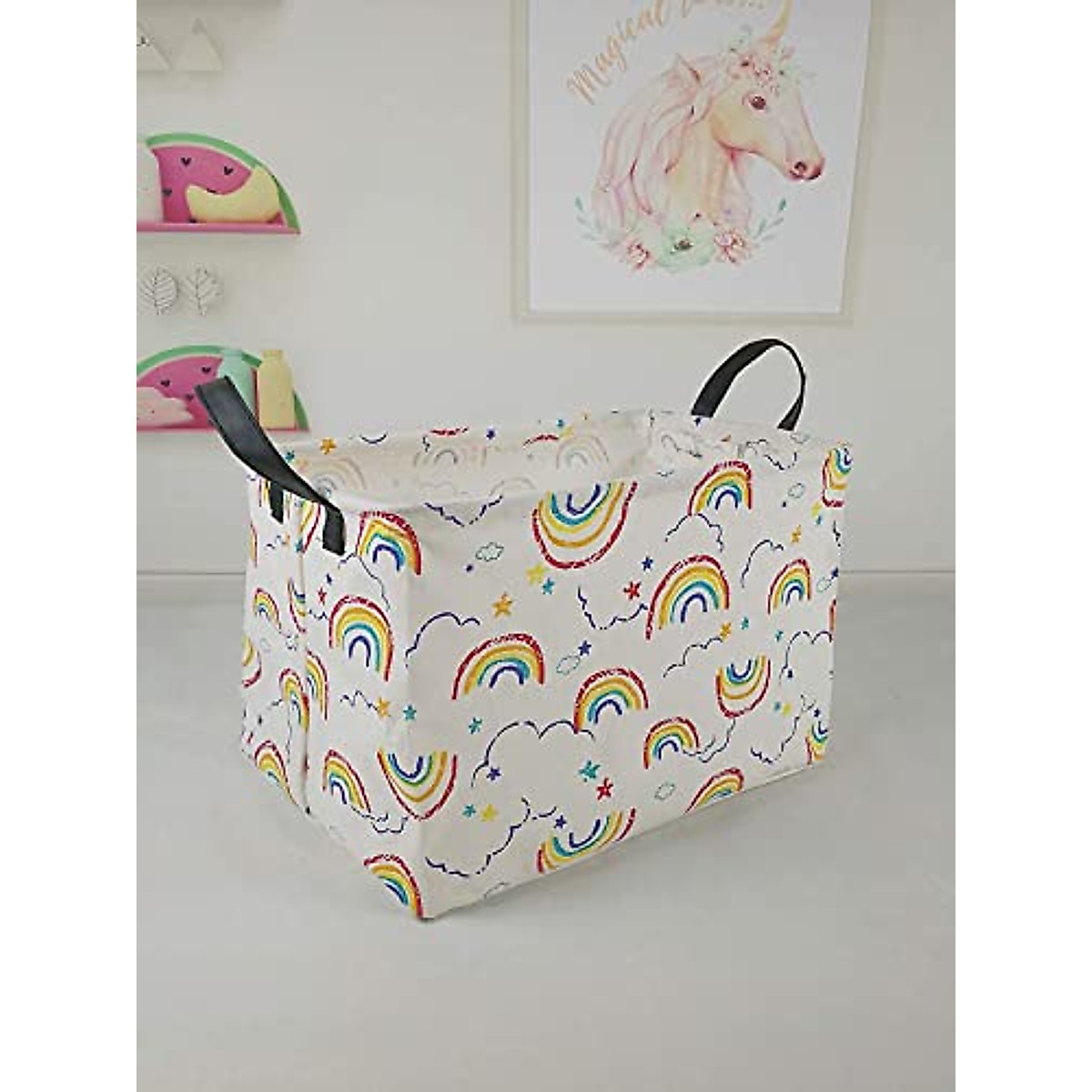 HUAYEE Colorful Rainbow Rectangular Storage Bin Shelf Basket Canvas Fabric Toy Box,Waterproof Coating Nursery Hamper with Handles,Gift Basket for Home,Office,Clothes,Books(Rainbow)