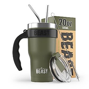BEAST 20 oz Army Green Tumbler Set with Handle - Stainless Steel Coffee Cup + 2 Straws Brush, Gift Box & Black Handle