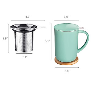 CEEFU Porcelain Tea Mug with Infuser and Lid, Teaware with Filter and Coaster, Loose Leaf Tea Cup Steeper Maker, 16 OZ for Tea/Coffee/Milk/Women/Office/Home/Gift (Mint Green)