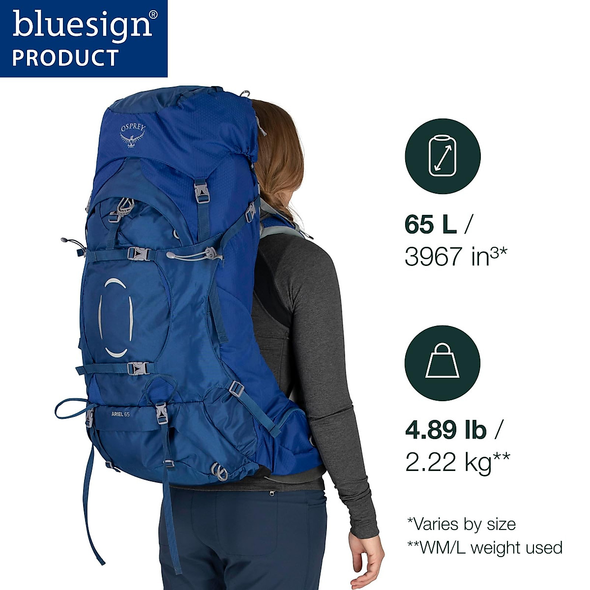 Osprey Ariel 65L Women's Backpacking Backpack, Ceramic Blue, WM/L, Extended Fit