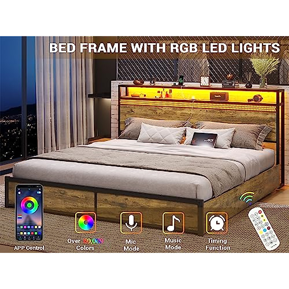 ADORNEVE King Size Bed Frame with Drawers, LED Bed Frame with 2 Tier Storage Headboard and LED Lights, Metal King Platform Bed with Charging Station, Double-Row Support Bars, Noise-Free, Vintage Brown