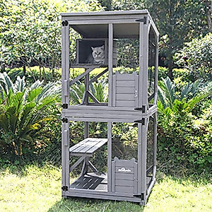 Aivituvin Cat Catio Outdoor Cat House Wooden Large Enclosure with Run on Wheels 70.9" Upgraded Version Catio with Reinforcement Strip,Waterproof Roof (Grey)
